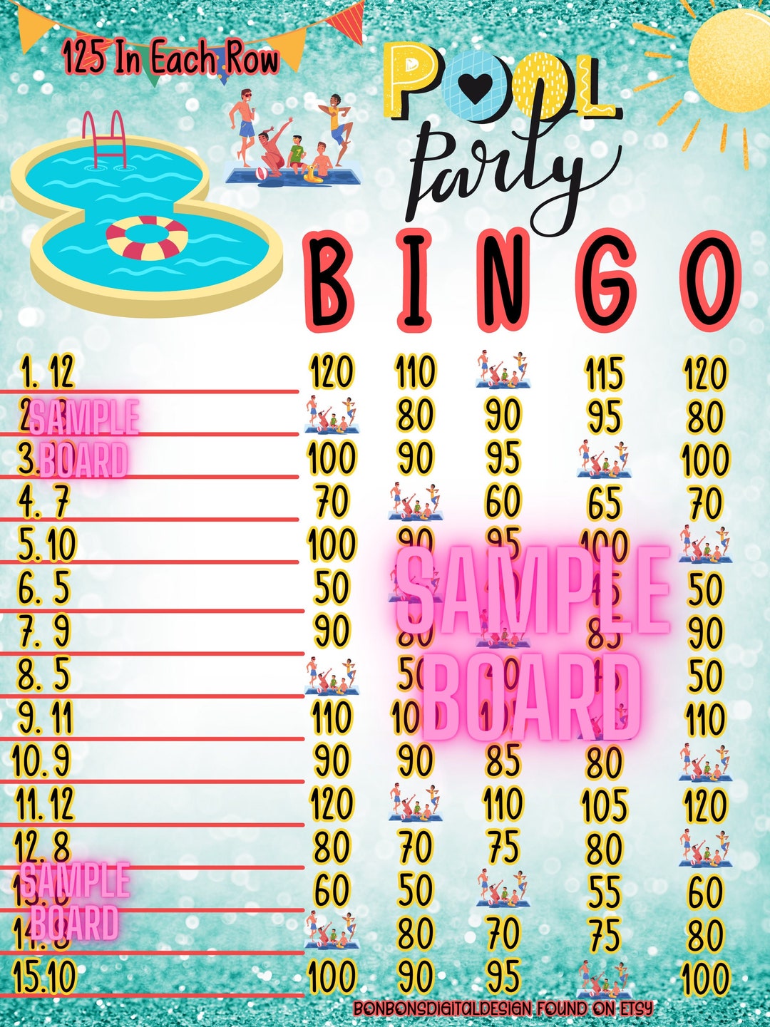 Pool Party 125 WTA 15 Line Bingo Board - Etsy