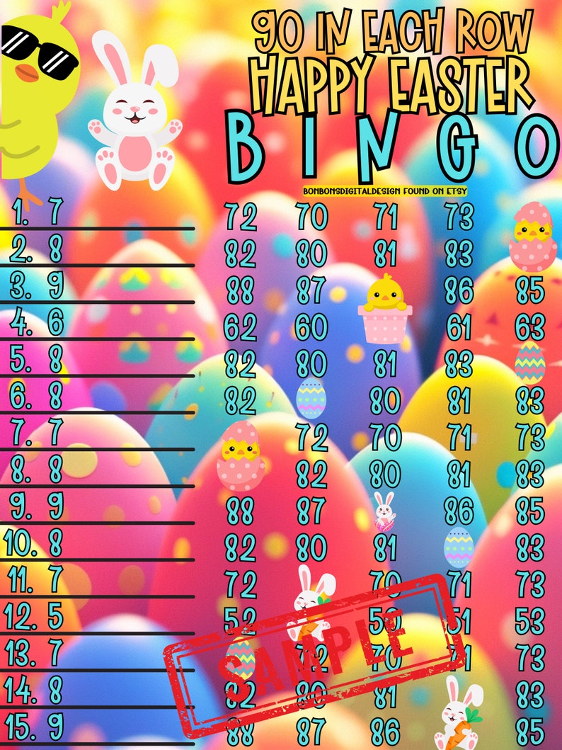 Easter 90 PYP Small Profit WTA 15 Line Bingo Board , 90 in Each Row ...