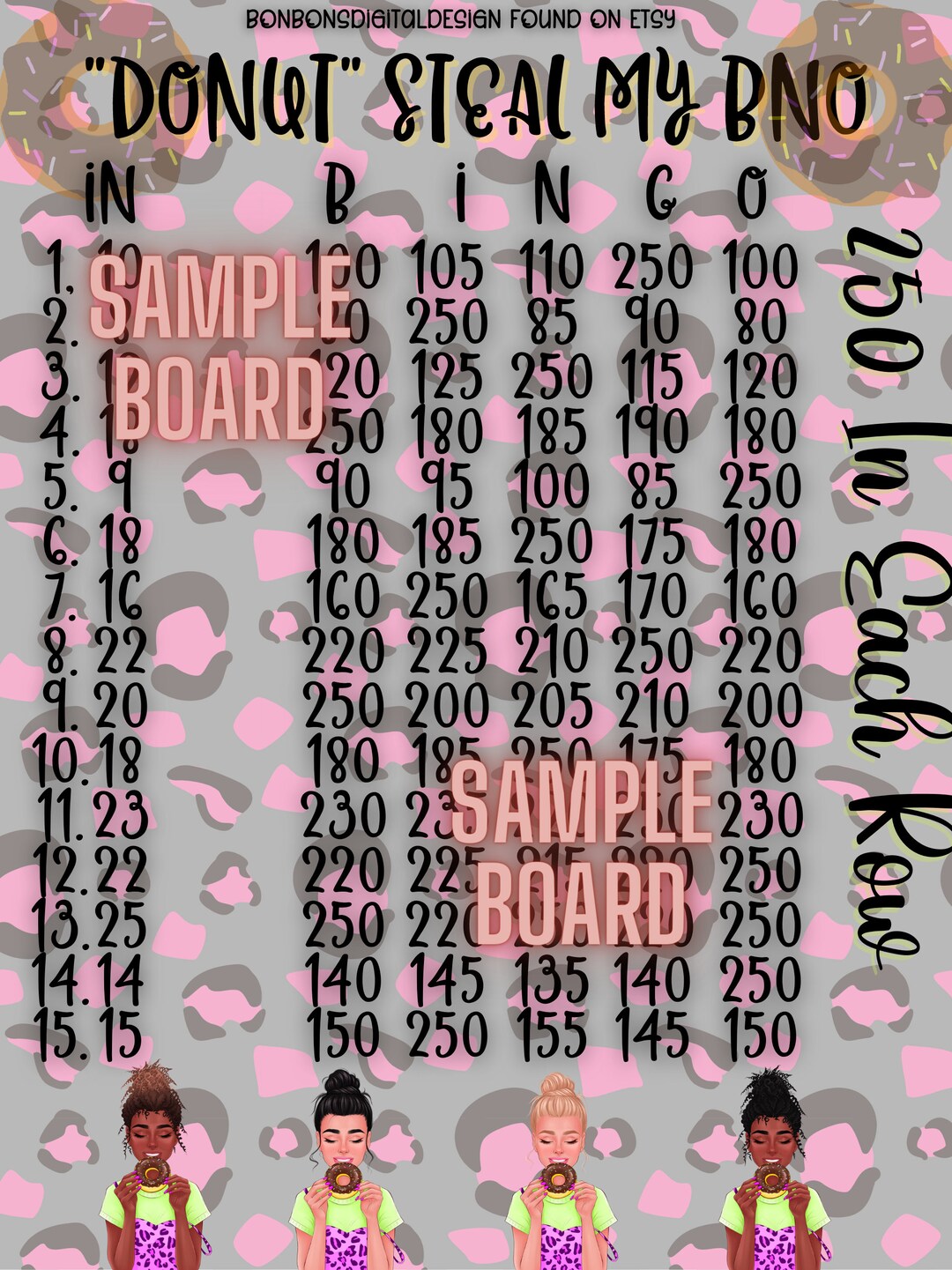 Donut Steal My BNO 15 Line WTA PYP Bingo Board, 250 in Each Row Bingo ...
