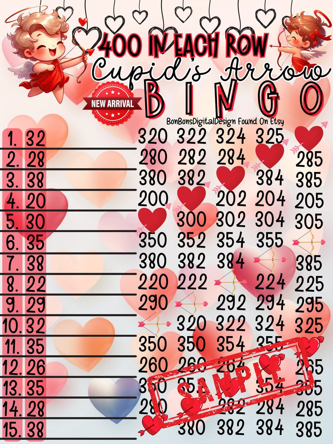 400 PYP Pro WTA 15 Line Bingo Board , Valentines Day 400 in Each Row ...