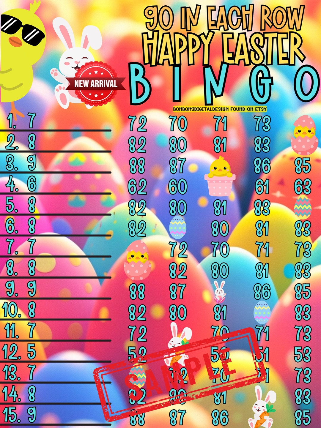 Easter 90 PYP Small Profit WTA 15 Line Bingo Board , 90 in Each Row ...