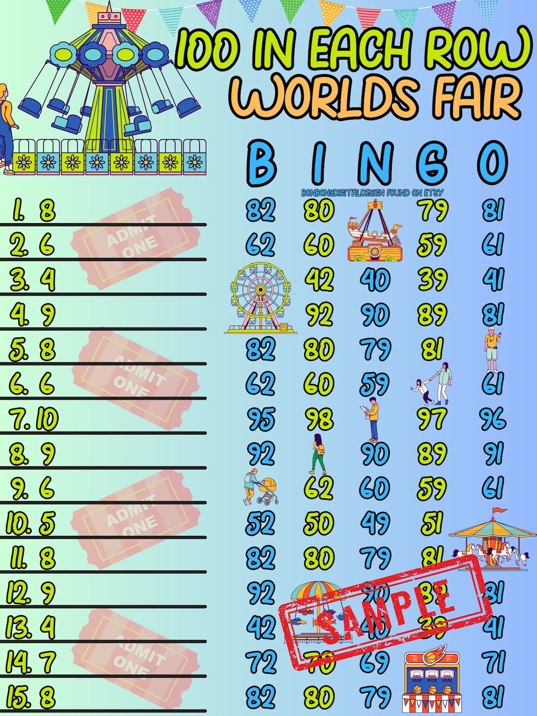 100 in Each Row PYP Pro WTA Worlds Fair 15 Line Bingo Board , Small Pro ...