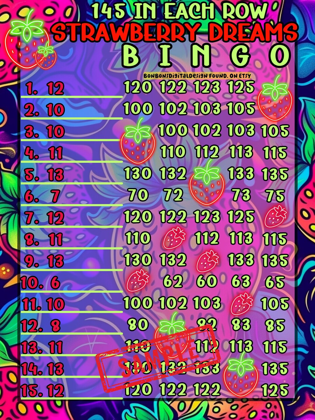 Bingo 145 in Each Row PYP Pro WTA 15 Line Bingo Board, Glow Neon Bingo ...