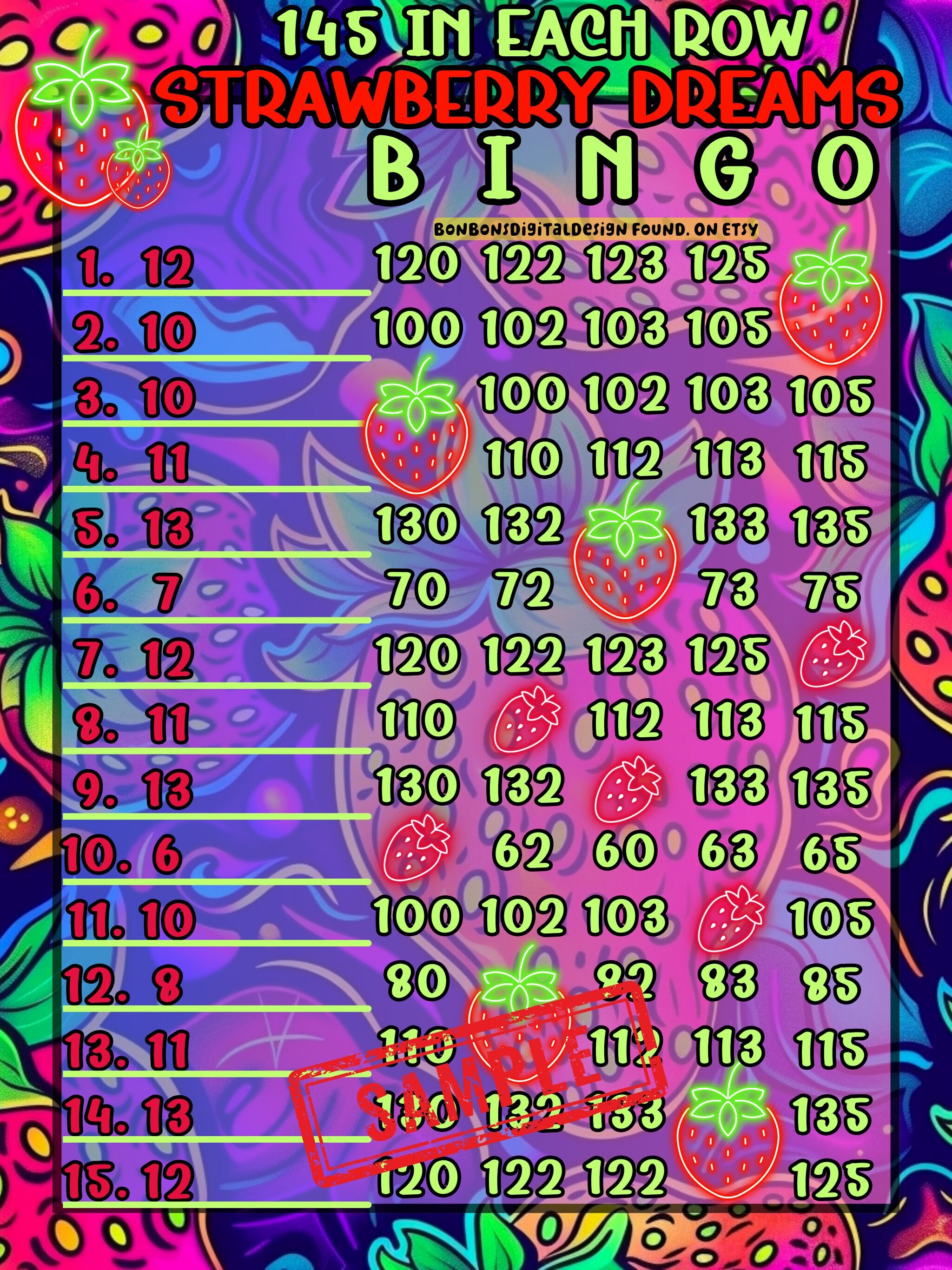 Bingo 145 in Each Row PYP Pro WTA 15 Line Bingo Board, Glow Neon Bingo ...
