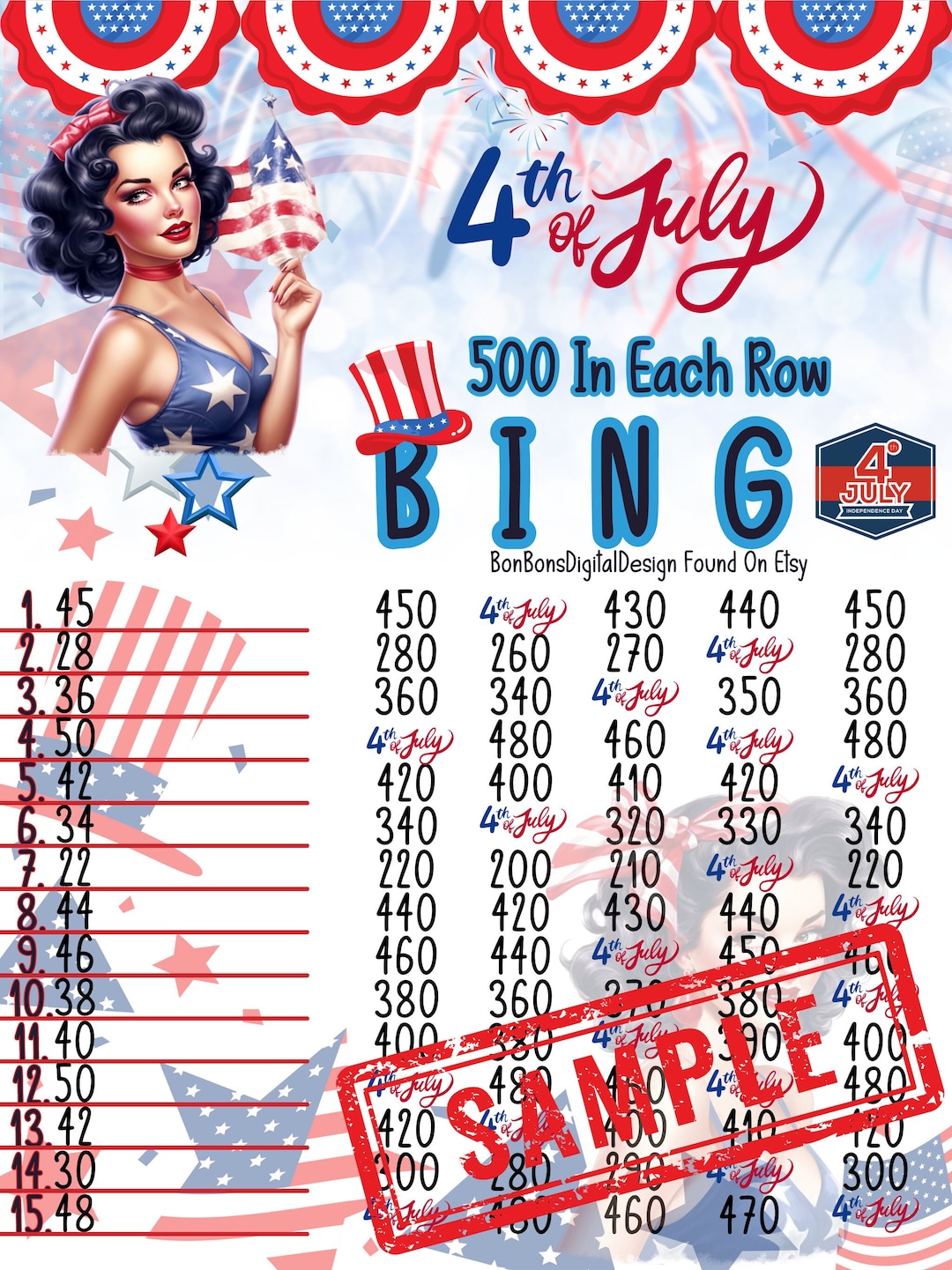 500 PYP 4th of July 15 Line Bingo Board, Independence Day Bingo Board ...