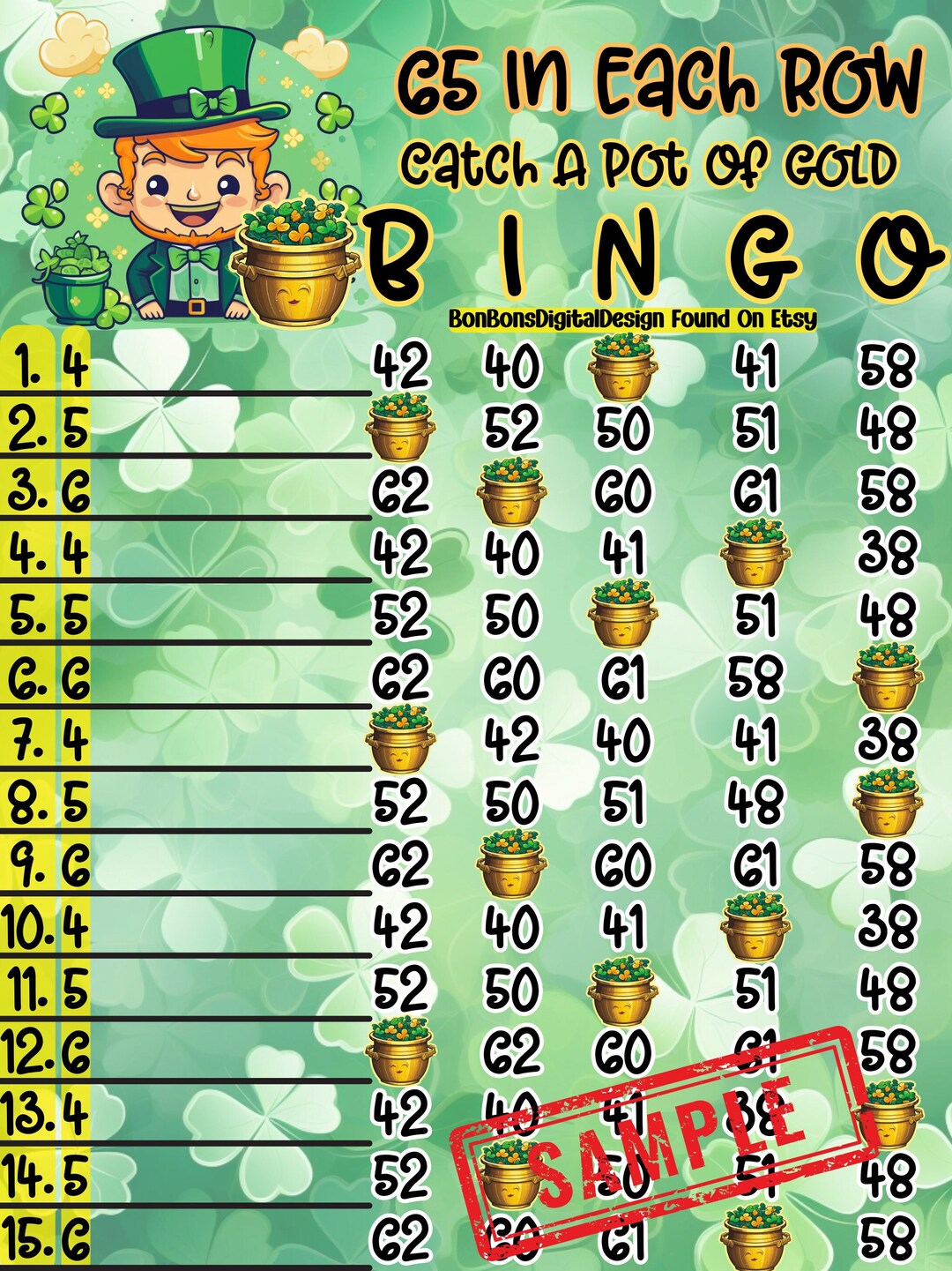 PYP Pro WTA Bingo , 65 in Each Row, Low Bingo, St Patricks Day Bingo - Etsy