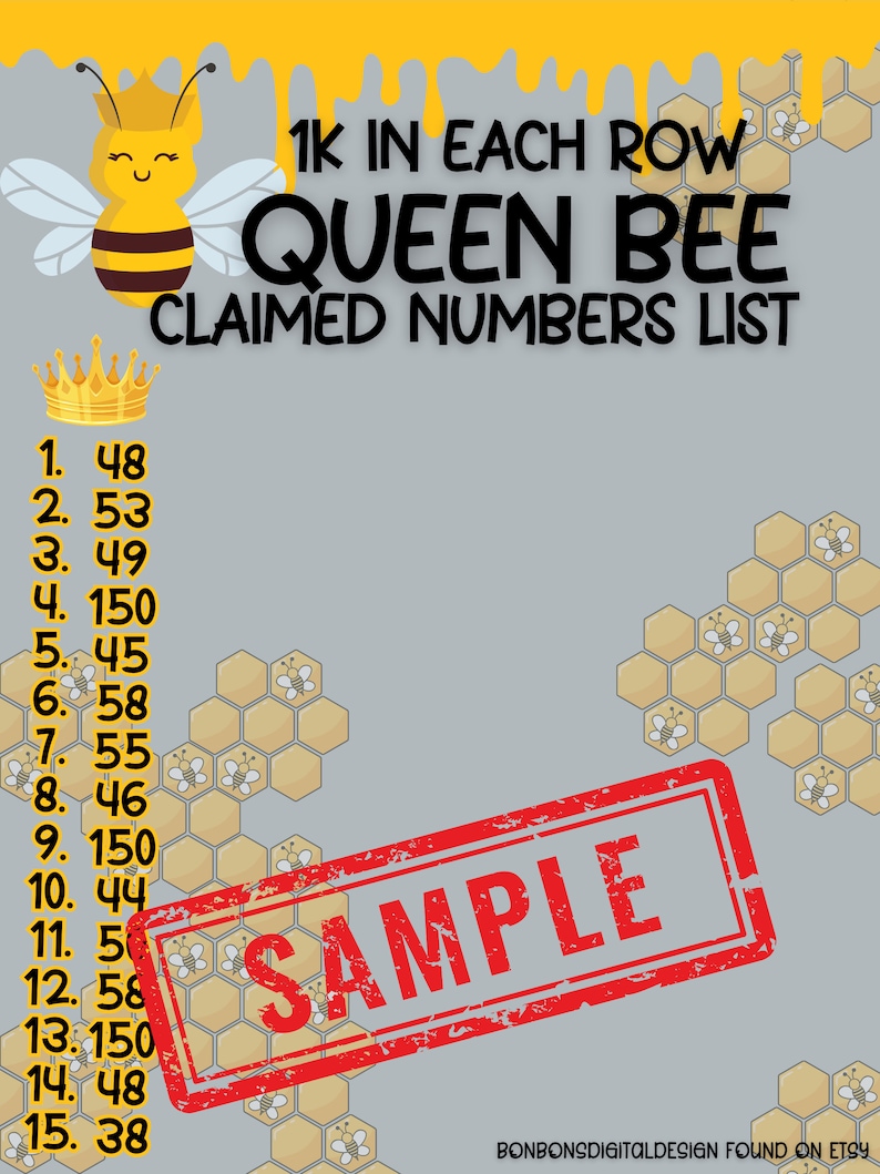 Queen Bee 1k in Each Row Small Profit 15 Line Bingo Board - Etsy