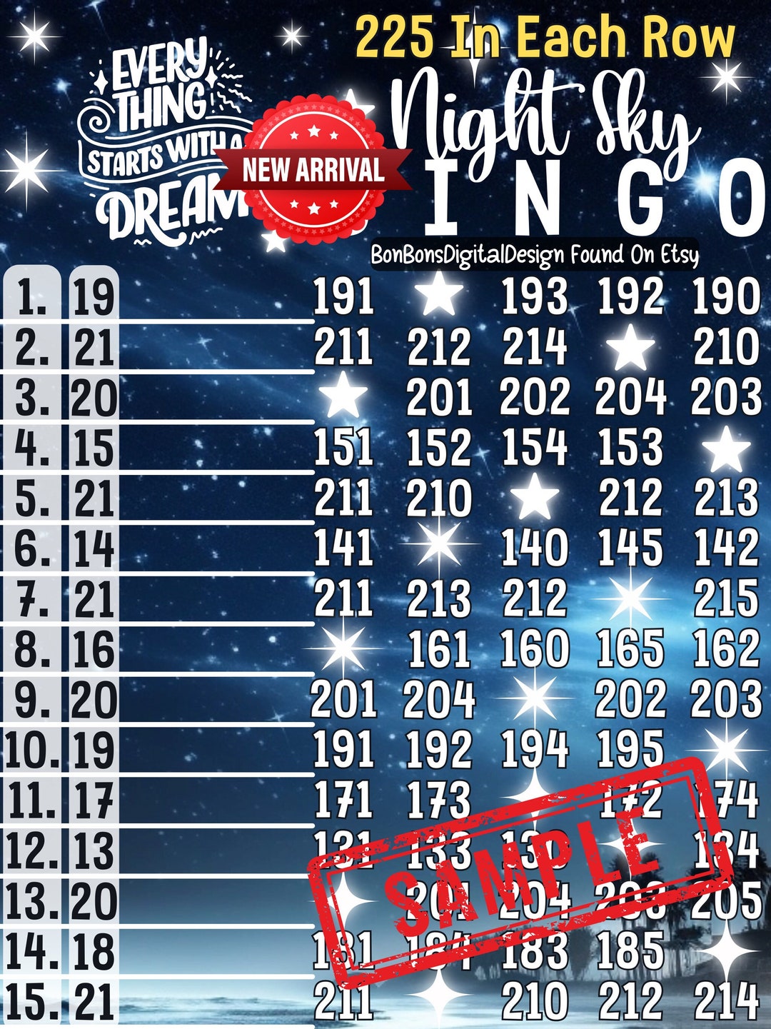 Bingo PYP Pro WTA 15 Line Bingo Board 225 in Each Row Bingo - Etsy