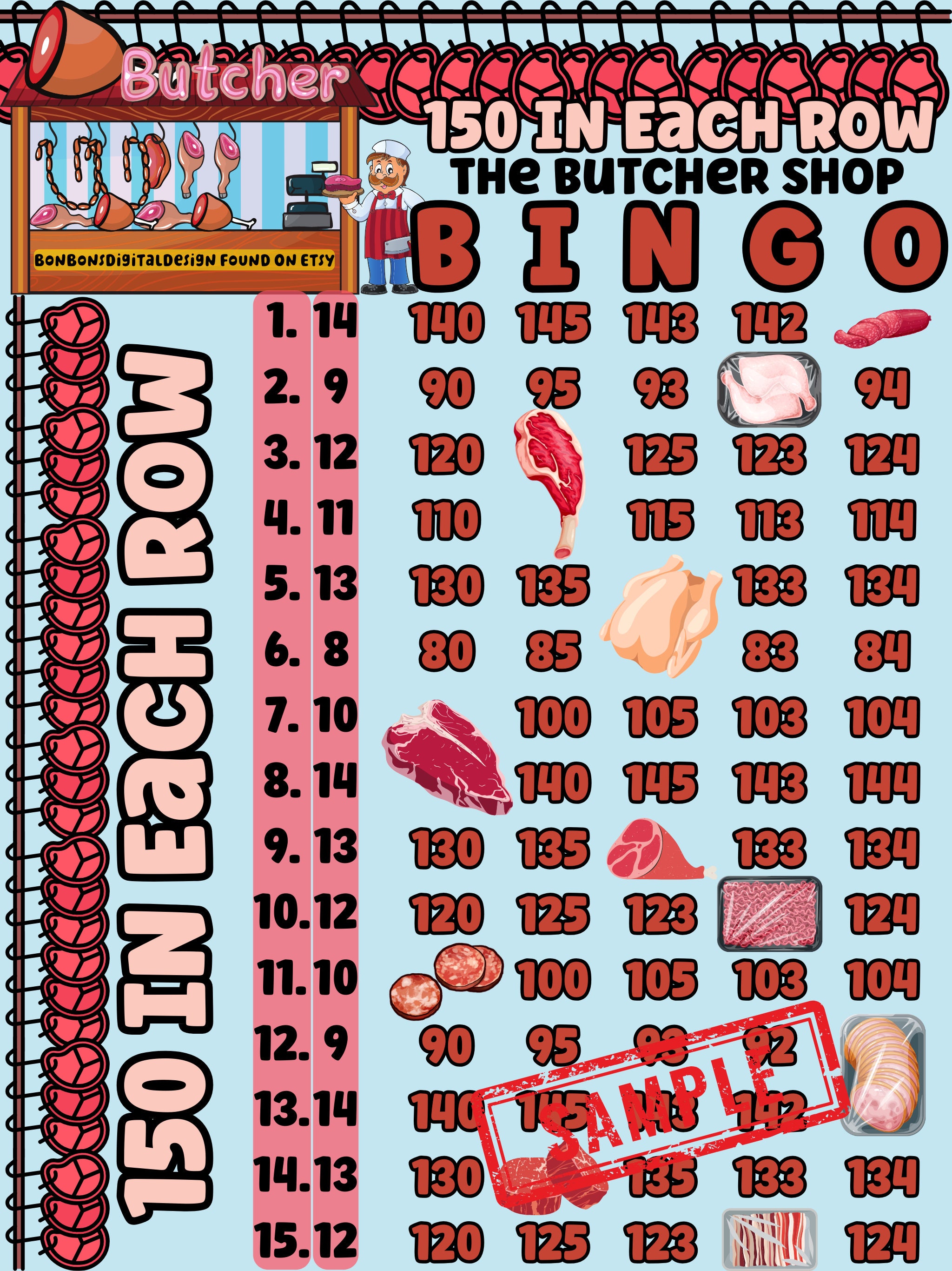 150 in Each Row PYP Pro WTA Butcher Shop 15 Line Bingo Board , Bingo ...