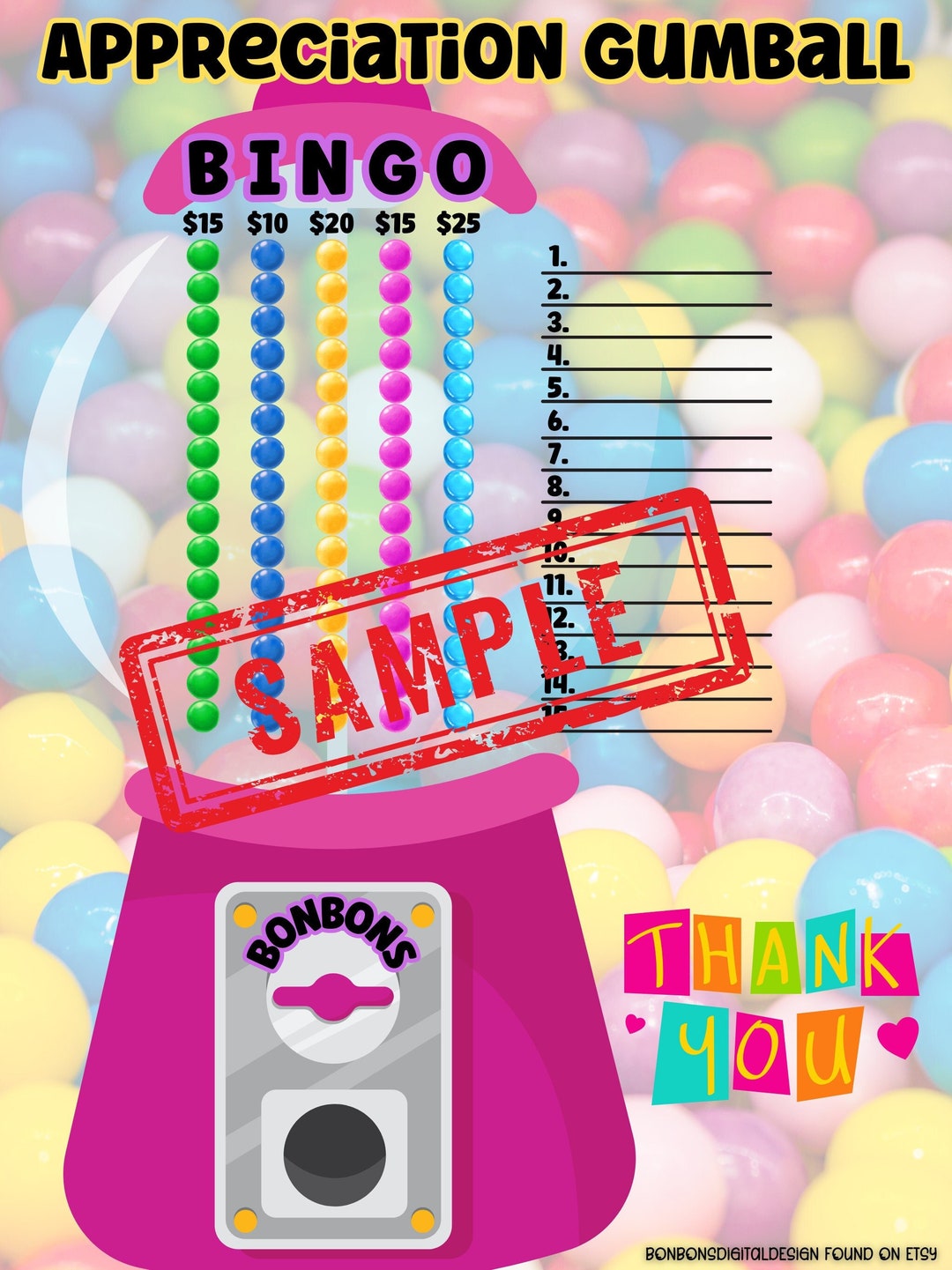 Gumball Freebie Thank You Appreciation 15 Line Bingo Board - Etsy UK