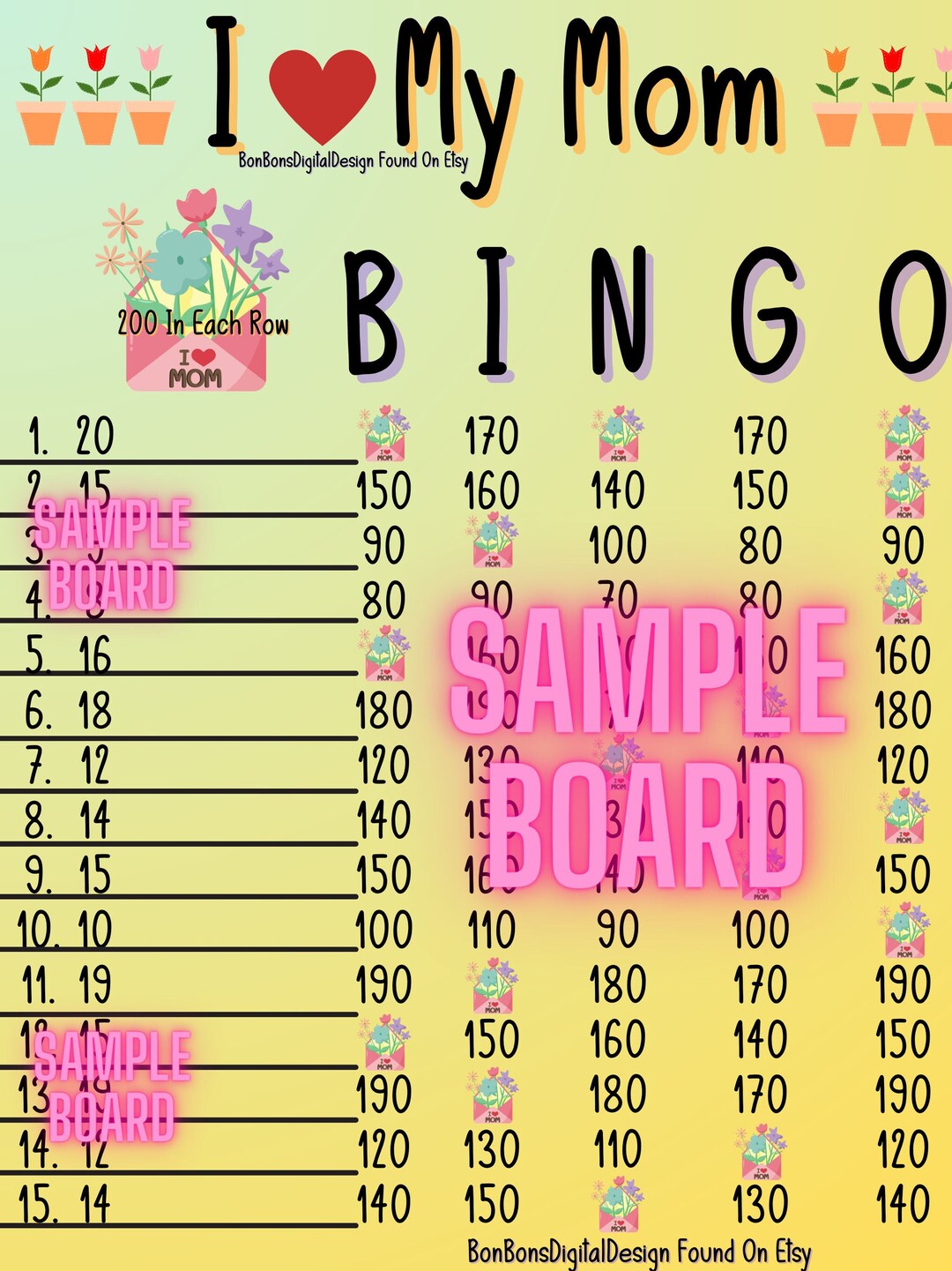 Mothers Day 200 in Each Row HR WTA 15 Line Bingo Board, Mothers Day ...