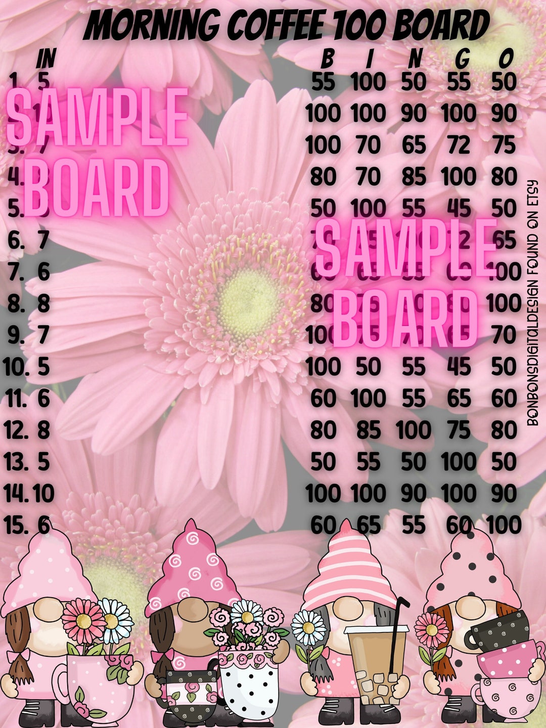 Morning Coffee WTA 100 15 Line Bingo Board, Girly Bingo Board, Gnome ...