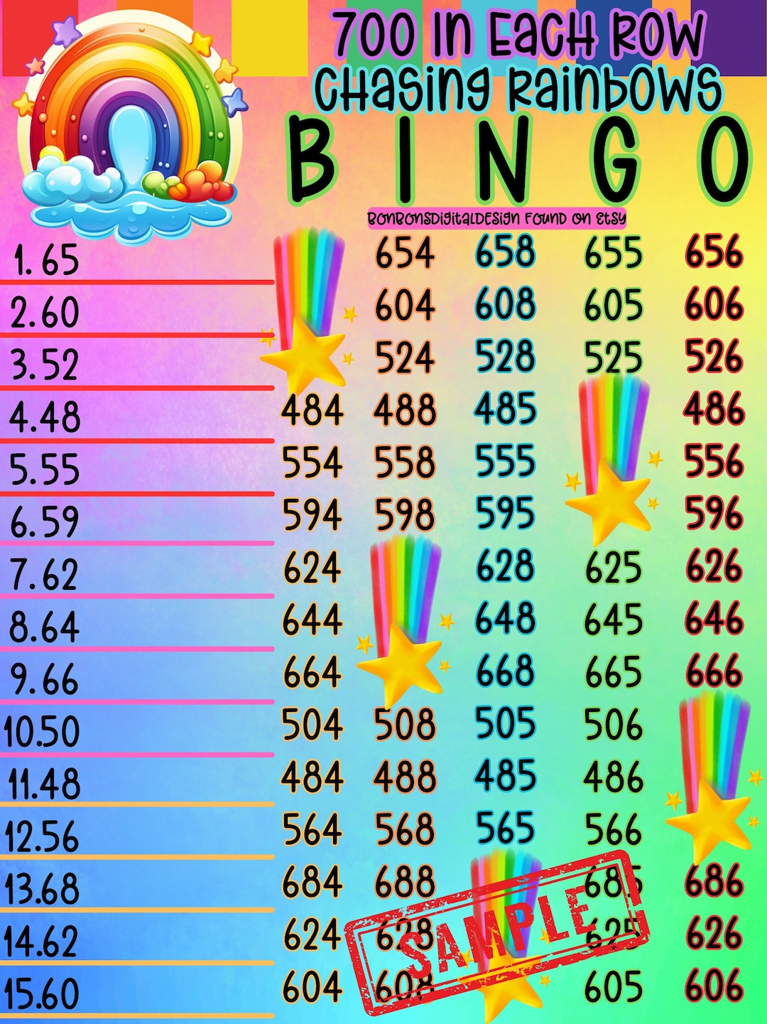 Rainbows 700 in Each Row 15 Line Bingo Board, 700 PYP PRO WTA Bingo ...