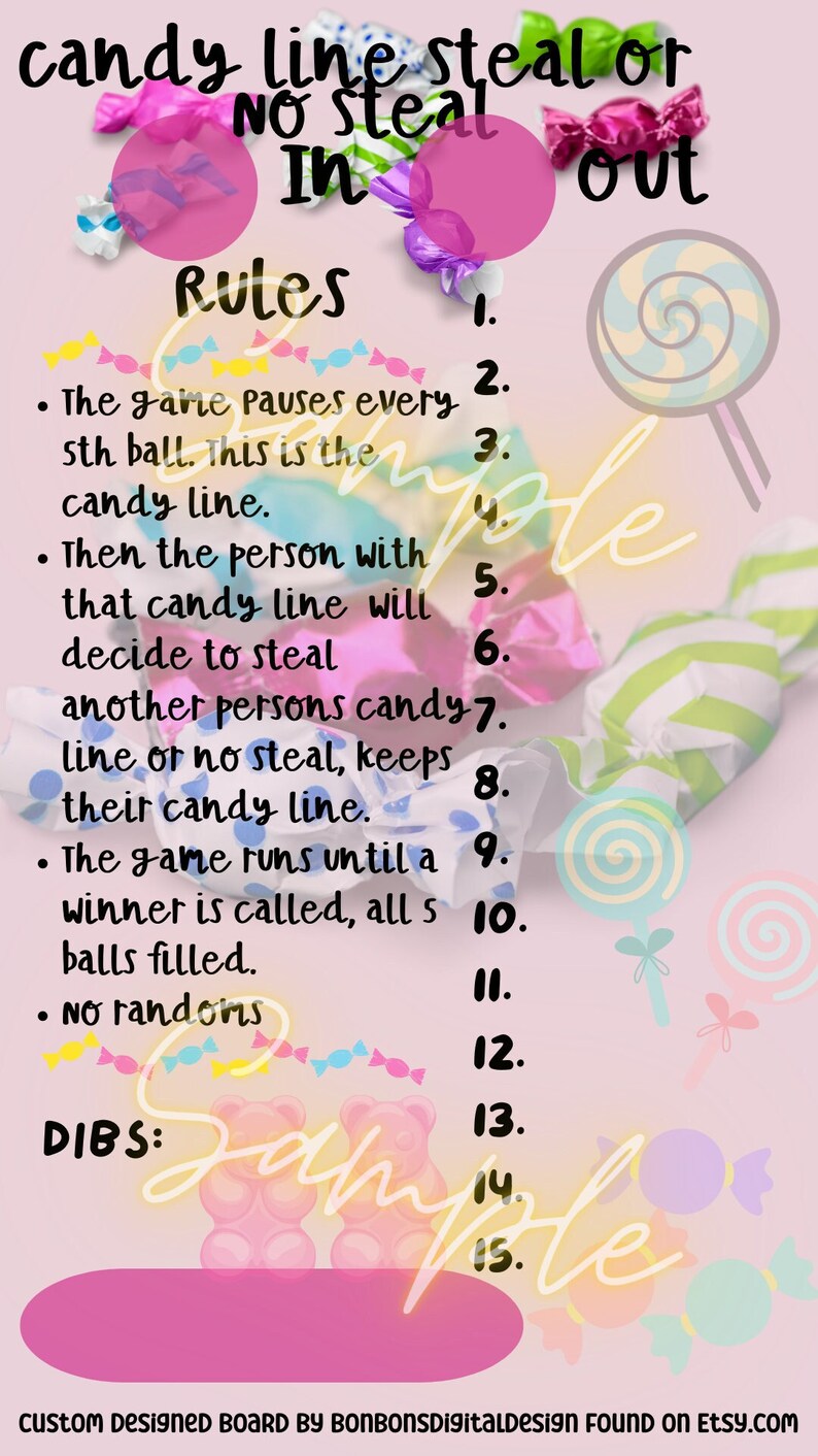 Candy Line Steal Or No Steal Fun Bingo Boards 15 Line Bingo Etsy