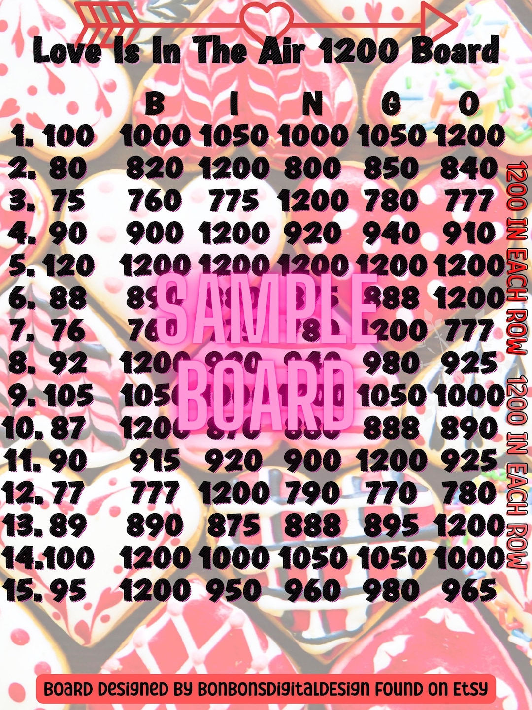 Love is in the Air 1200 15 Line Bingo Board, Valentines Day Bingo Board ...
