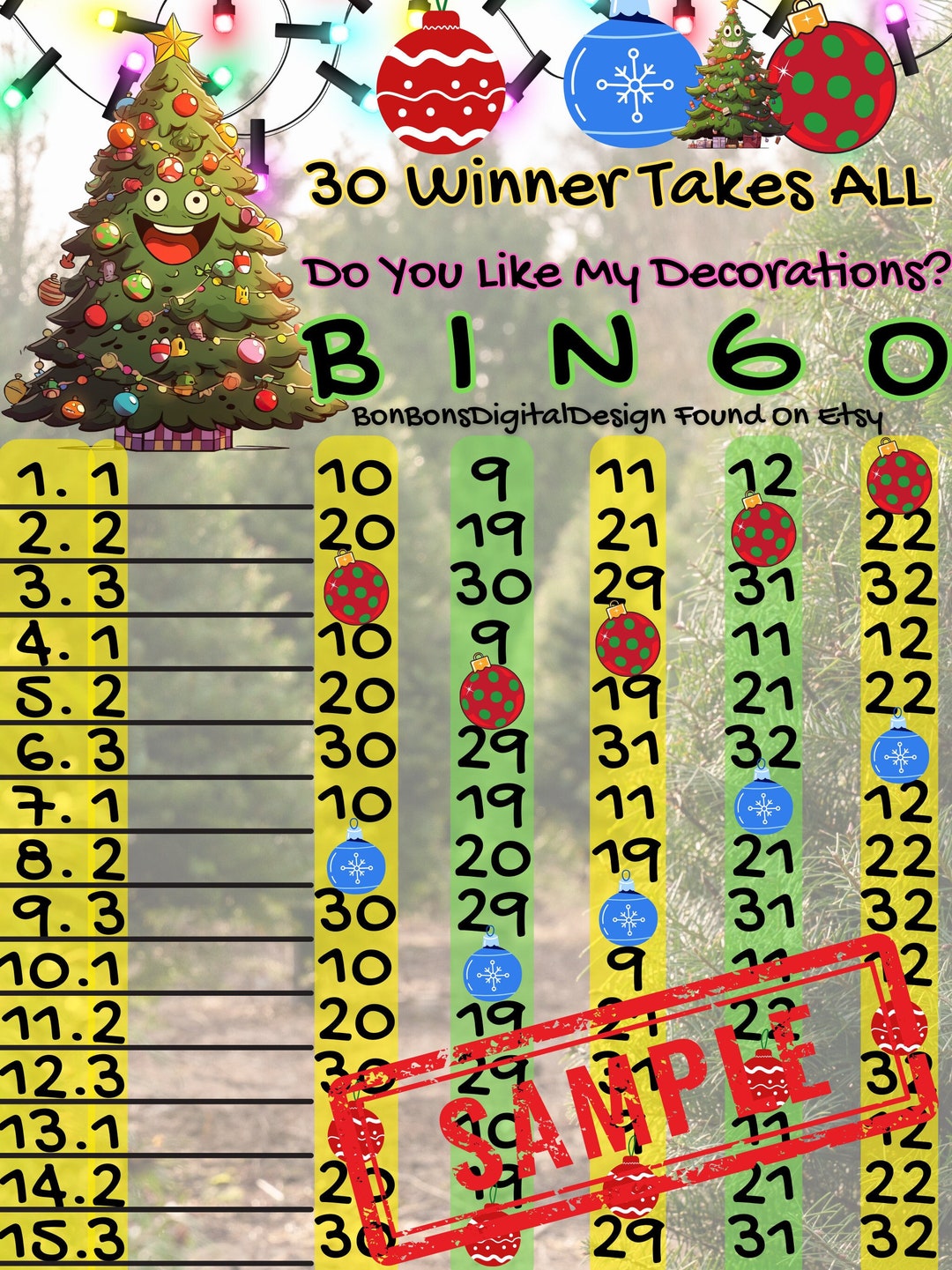 30 in Each Row 15 Line Bingo Board, Pyp Christmas Themed Bingo - Etsy
