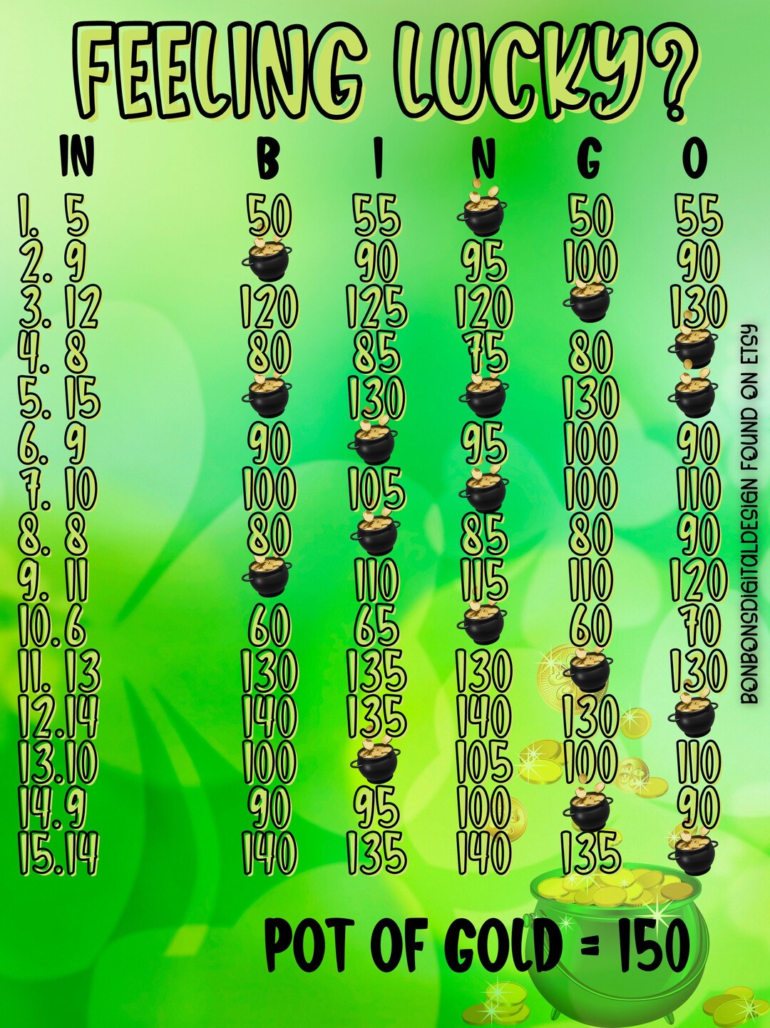 Pot of Gold WTA 150 in Every Row 15 Line Bingo Board, PYP Bingo Board ...