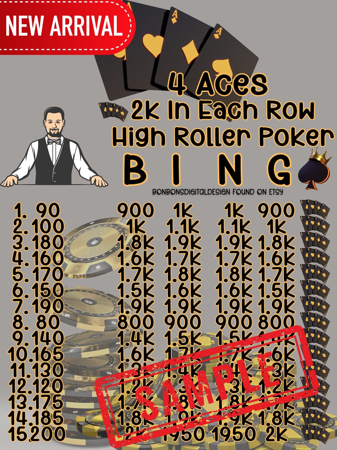 2k High Roller Poker Themed 15 Line Bingo Board , 2k in Each Row Bingo ...