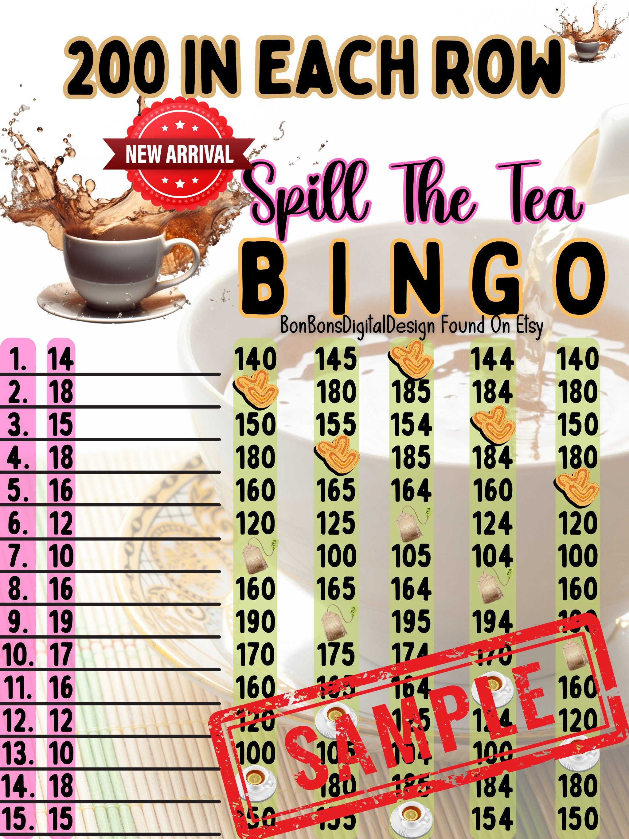200 PYP Pro WTA Spill the Tea 15 Line Bingo Board, 200 in Each Row ...