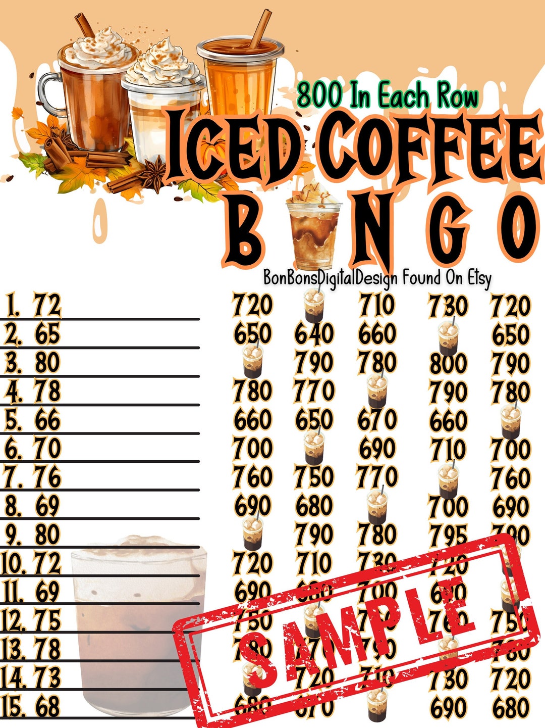 Coffee HR PYP Pro WTA 15 Line Bingo Board, 800 in Each Row High Roller ...
