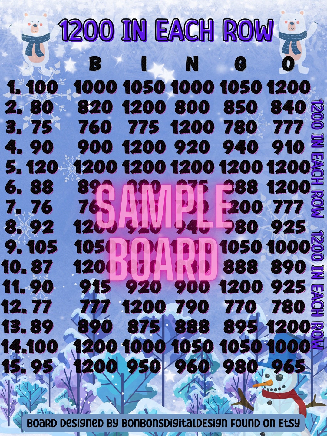 Winter 1200 15 Line Bingo Board, High Roller Bingo Board - Etsy