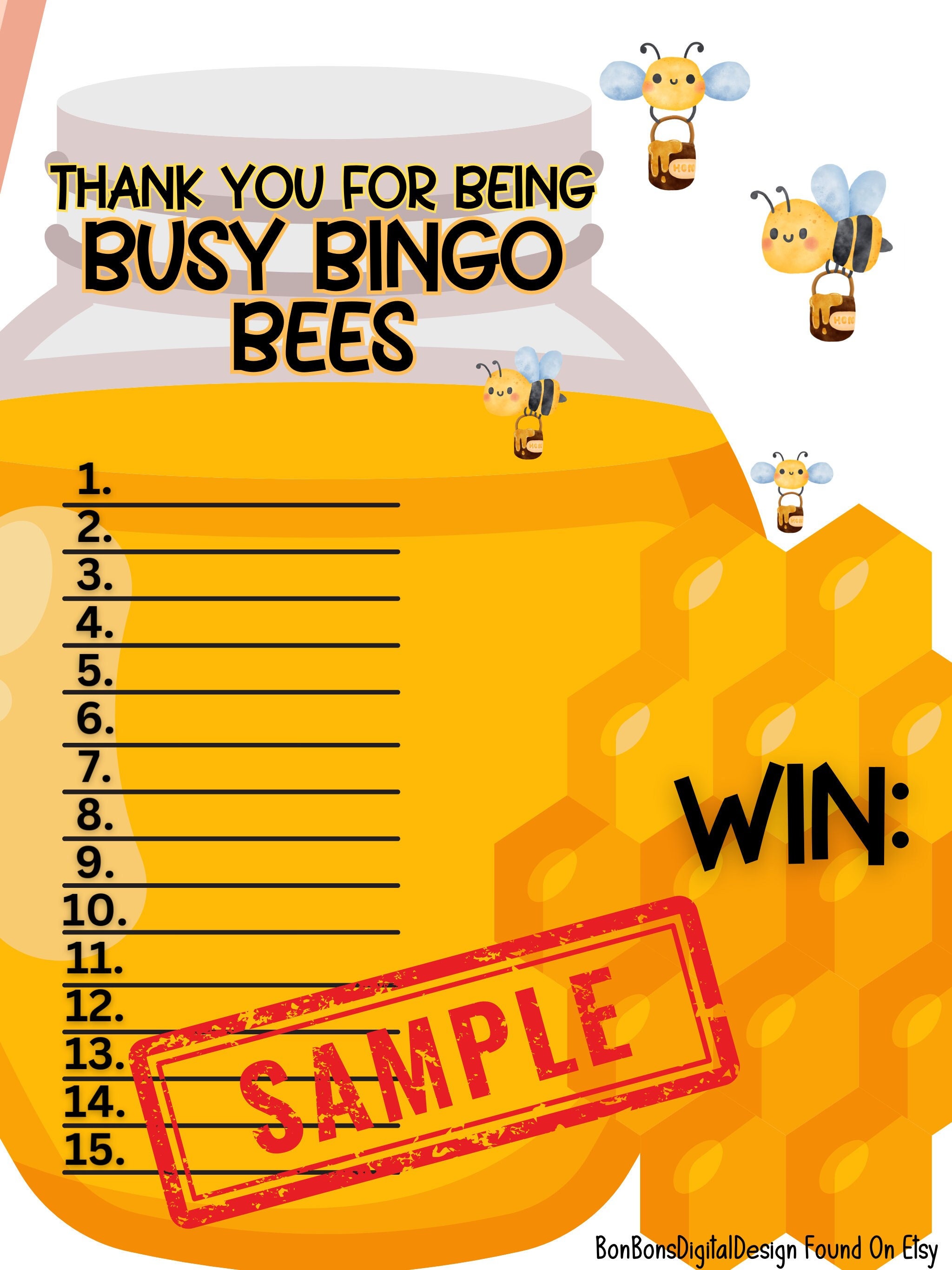 Bees Freebie Thank You Appreciation 15 Line Bingo Board - Etsy