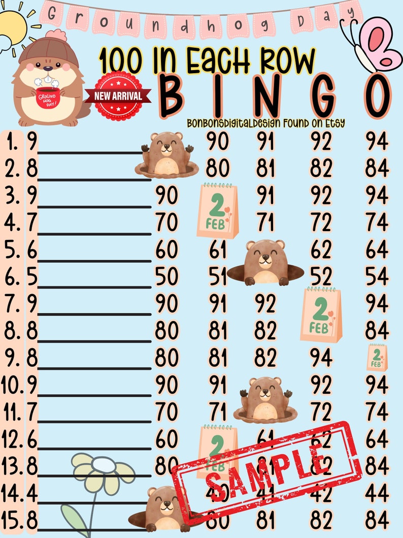 100 in Each Row PYP Pro WTA Groundhog Day 15 Line Bingo Board ...