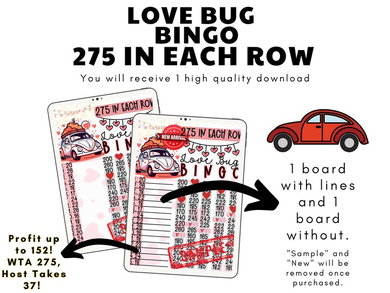 PYP Small Profit WTA Love Bugs 15 Line Bingo Board , 275 in Each Row ...