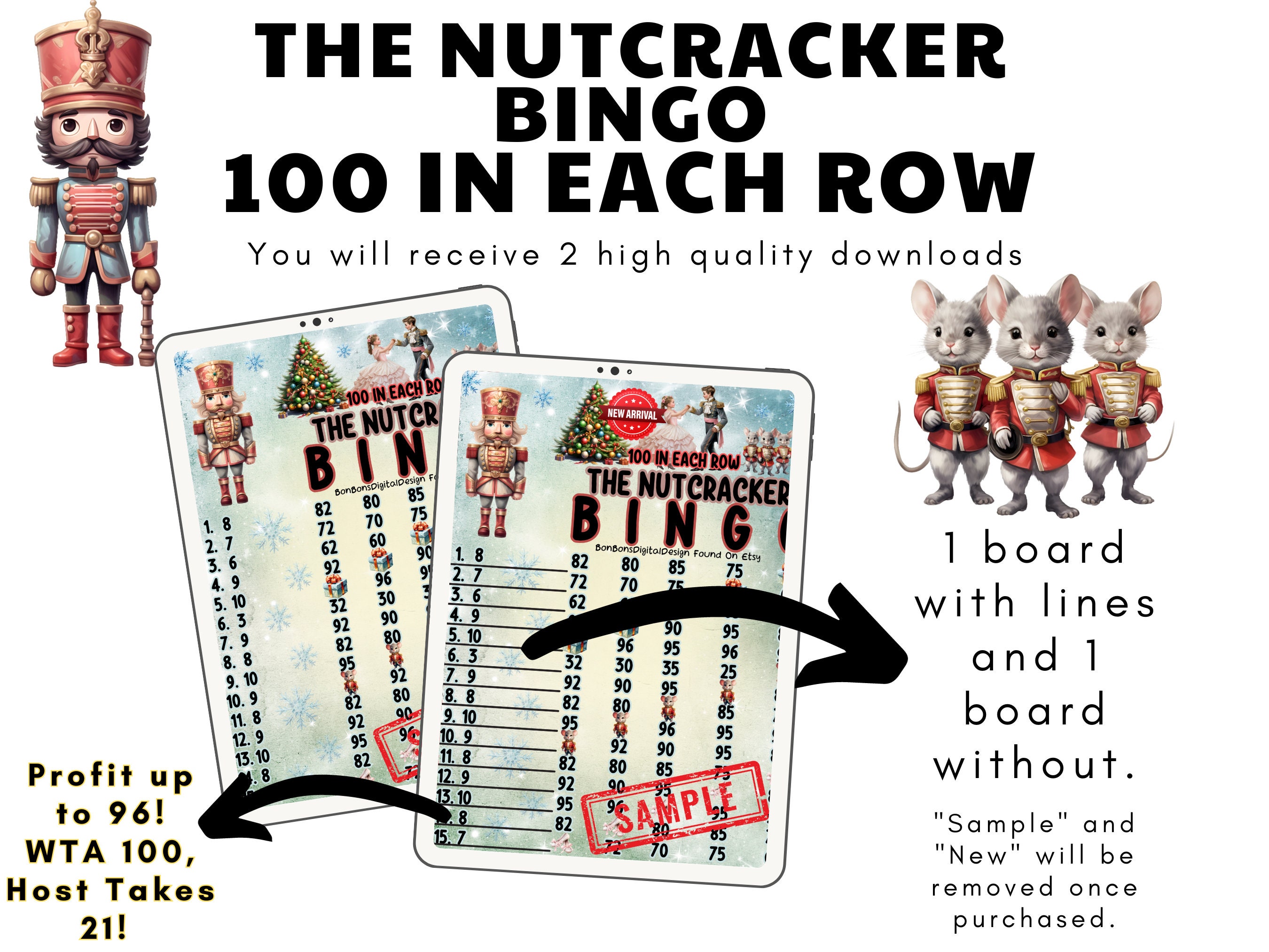 100 in Each Row WTA PYP Nutcracker 15 Line Bingo Board , Christmas ...