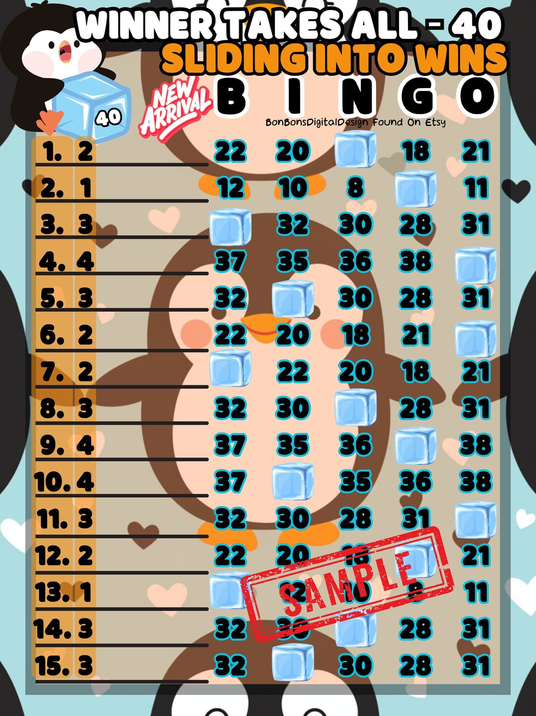 Sliding 40 in Each Row WTA 15 Line Bingo Board, PYP Bingo Board, Low in ...