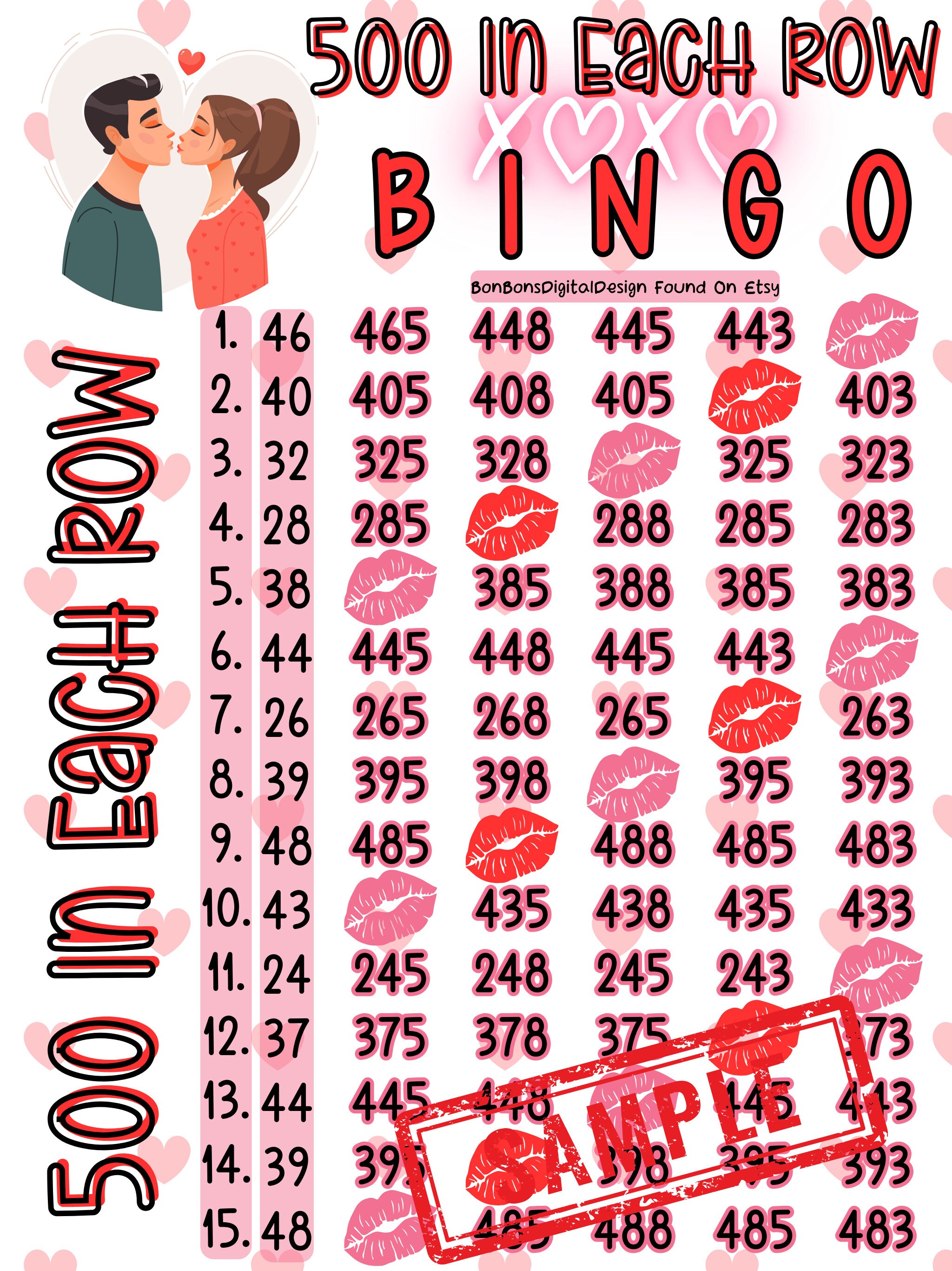 500 PYP Pro WTA 15 Line Bingo Board , Valentines Day 500 in Each Row ...