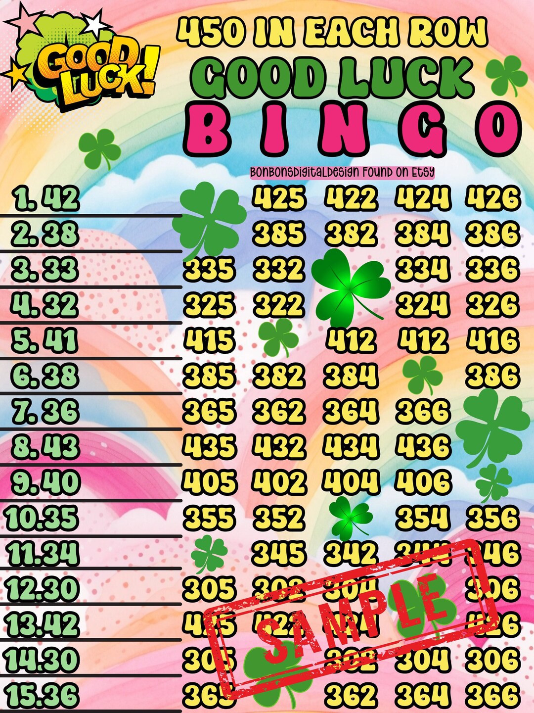 Goodluck 450 in Each Row WTA PYP 15 Line Bingo Board, St Patricks Day ...