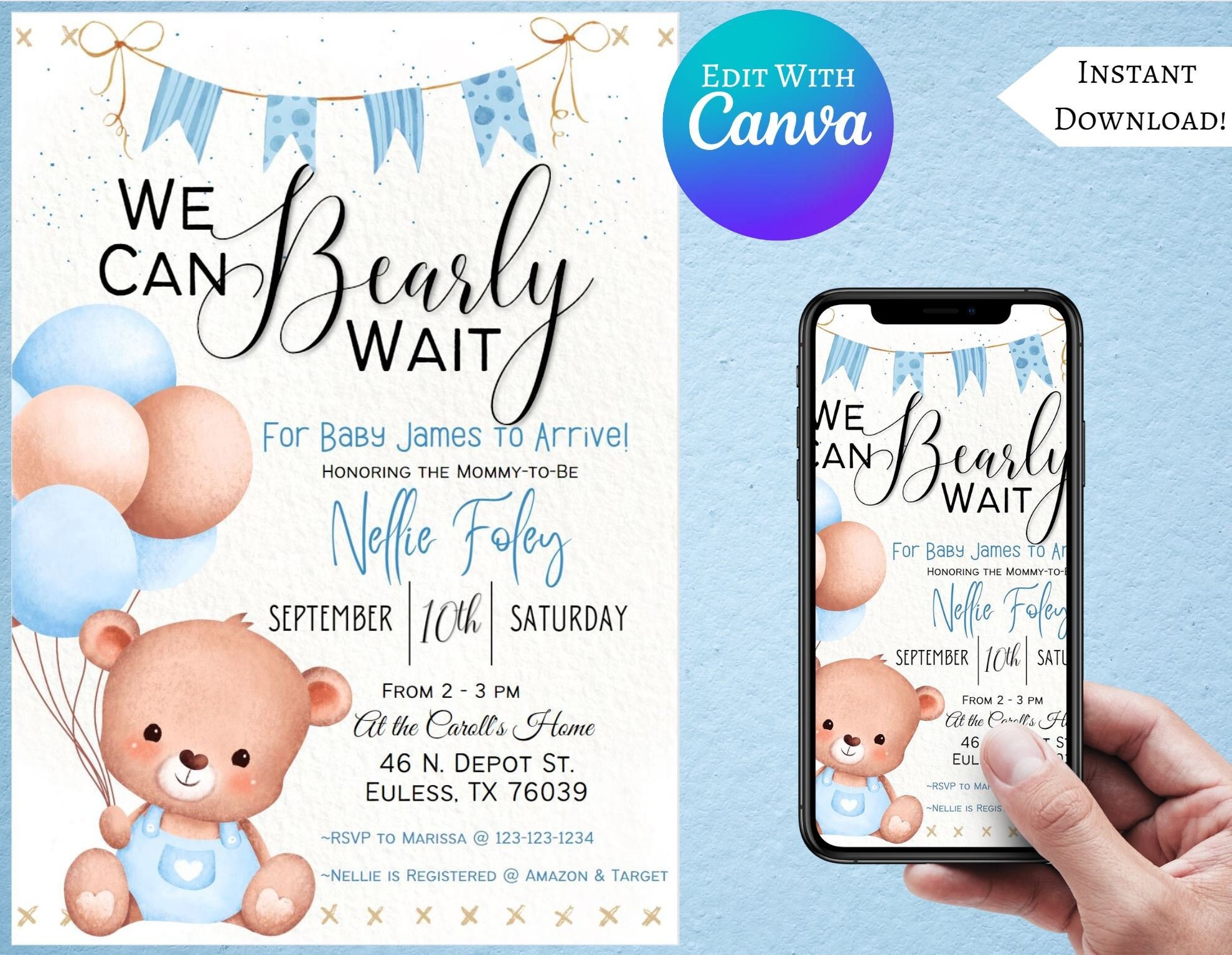 Blue Baby Boy Shower Digital Invitation Template -we Can Bearly Wait ...
