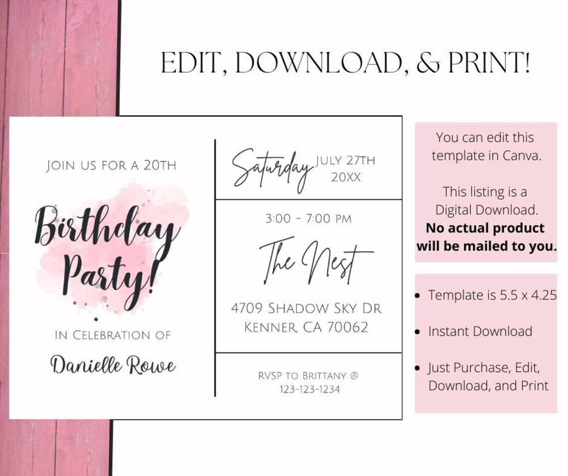 Editable Birthday Party Invitation Card Template - Girl Birthday ...