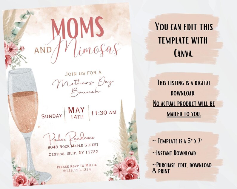Moms And Mimosas Digital Invitation Template Mothers Day Brunch Invitation Boho Floral Mother