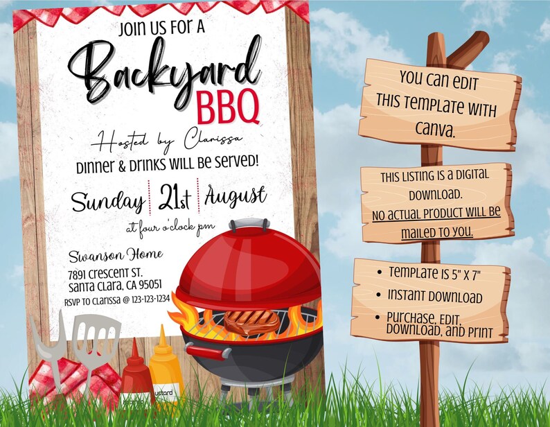 Backyard BBQ Invitation Card - Instant Download Image Printable ...