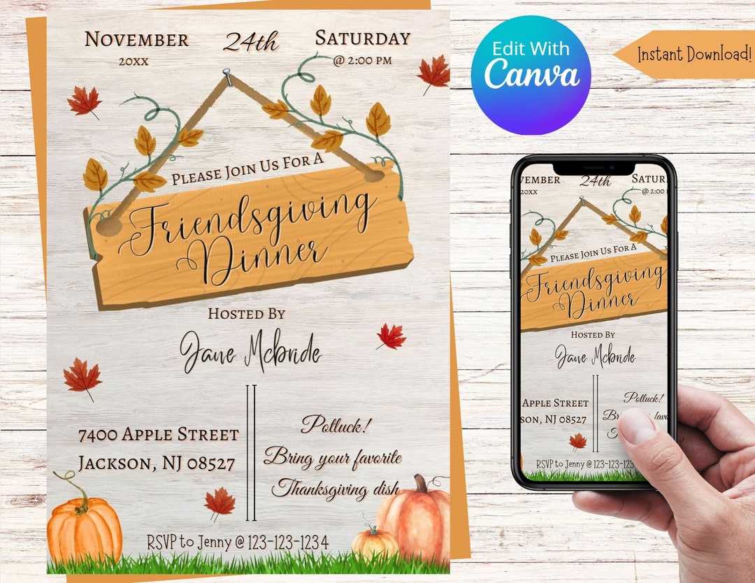 Friendsgiving Digital Invitation Template - Food and Friends Editable ...