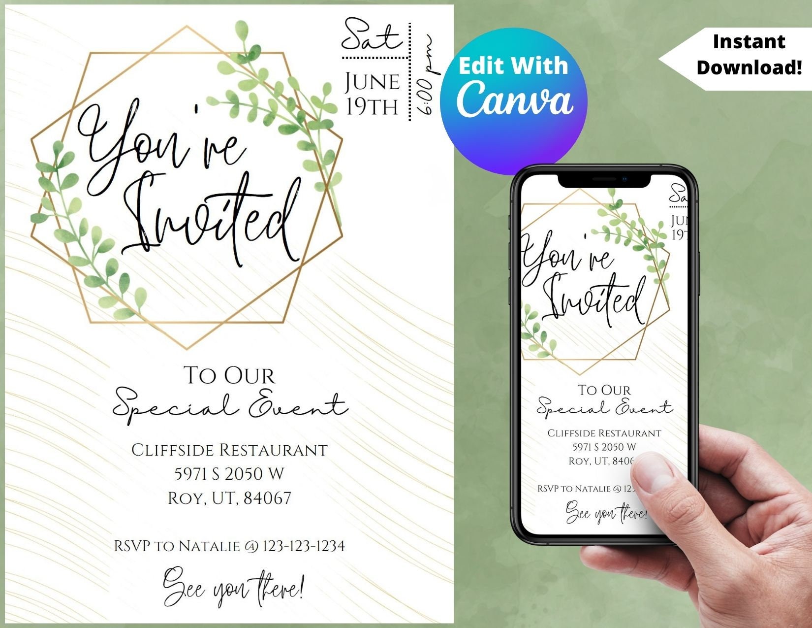 Greenery and Gold Invitation Special Event Card Template- Geometric ...