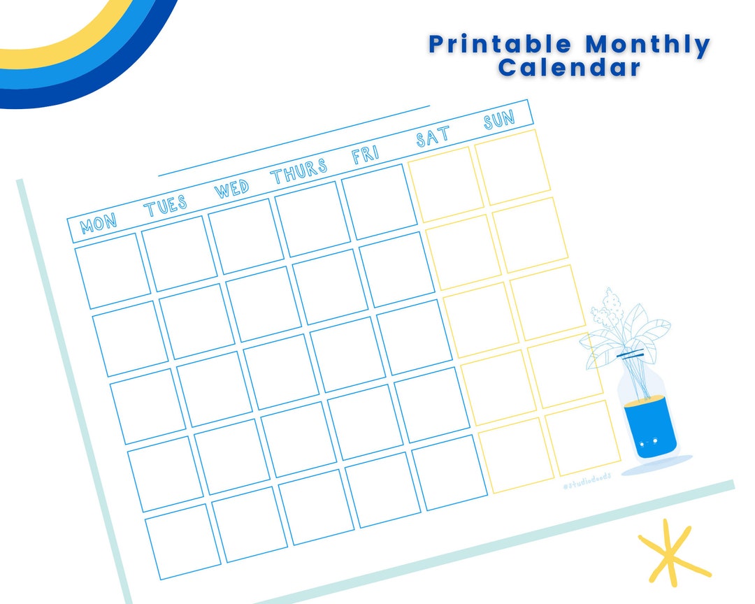 Flexible Monthly Calendar Printable PDF | Digital Download | Blank ...
