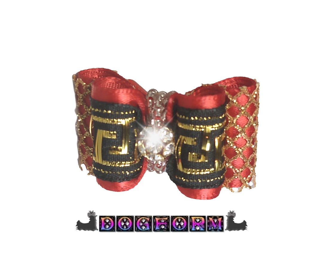 GOLD GREEK KEY Dog Bow, Dogform Show Bows, Fancy Yorkie Shih Tzu Biewer ...