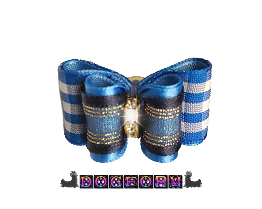 BOY GINGHAM Dog Bow, Dogform Bows Blue, Gold Organza Dog Bows, Bling ...