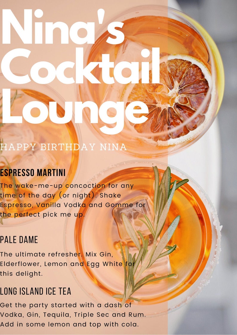 Printable Personalized Cocktails Menu, Menu Cardeditable 'lounge ...