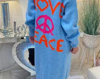 BOHO Peace Love Long Boutique Sweater Cardigan Oversized S M L XL PINK ...
