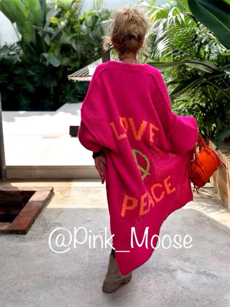 BOHO Peace Love Long Boutique Sweater Cardigan Oversized S M L XL PINK ...