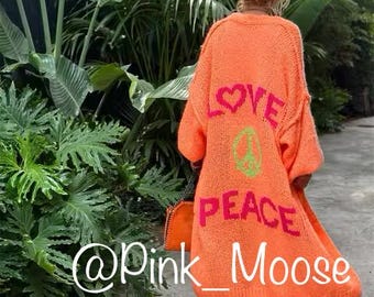 BOHO Peace Love Long Boutique Sweater Cardigan Oversized S M L XL PINK ...