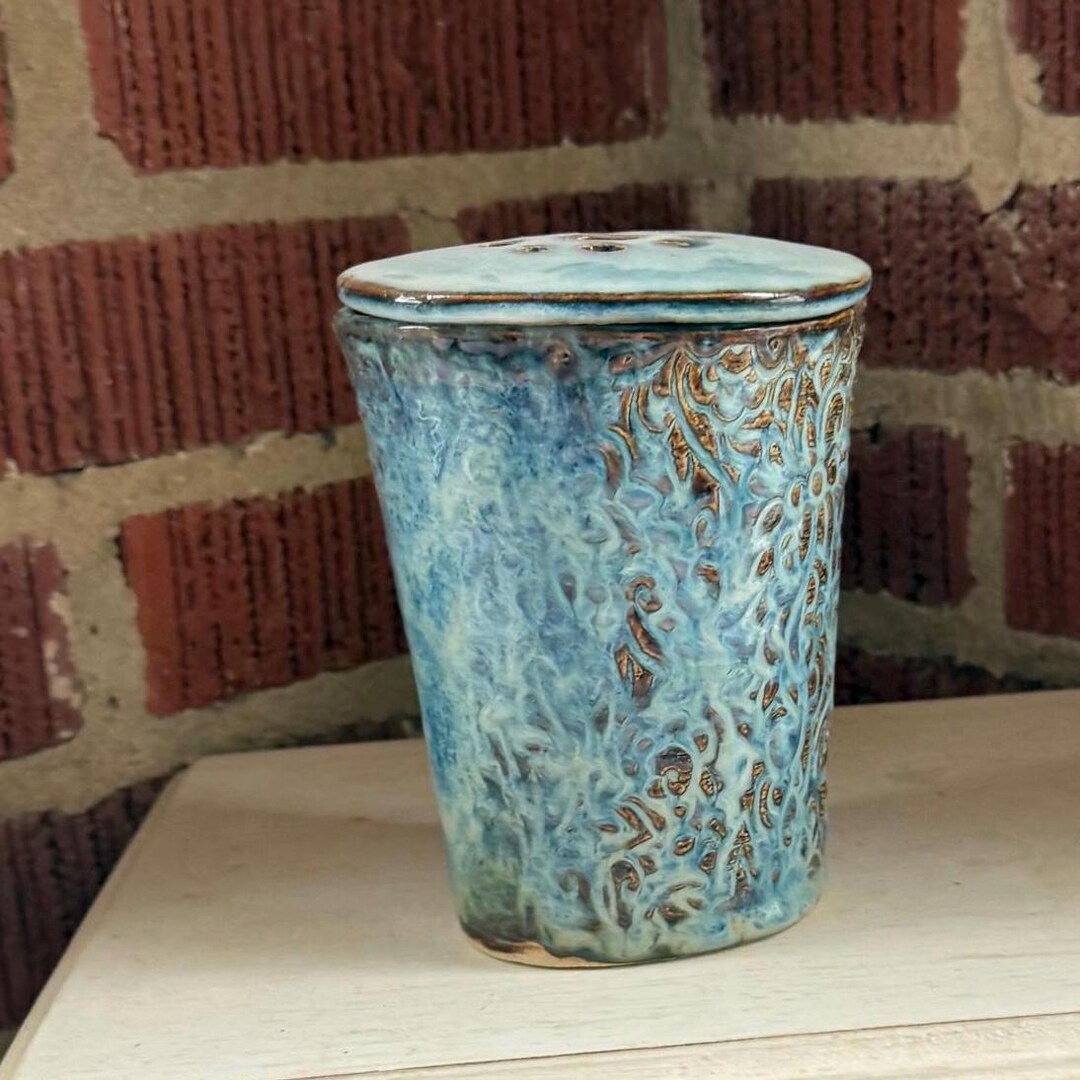 Denim Blue Ceramic Vase: Damask Pattern Flower Frog - Etsy