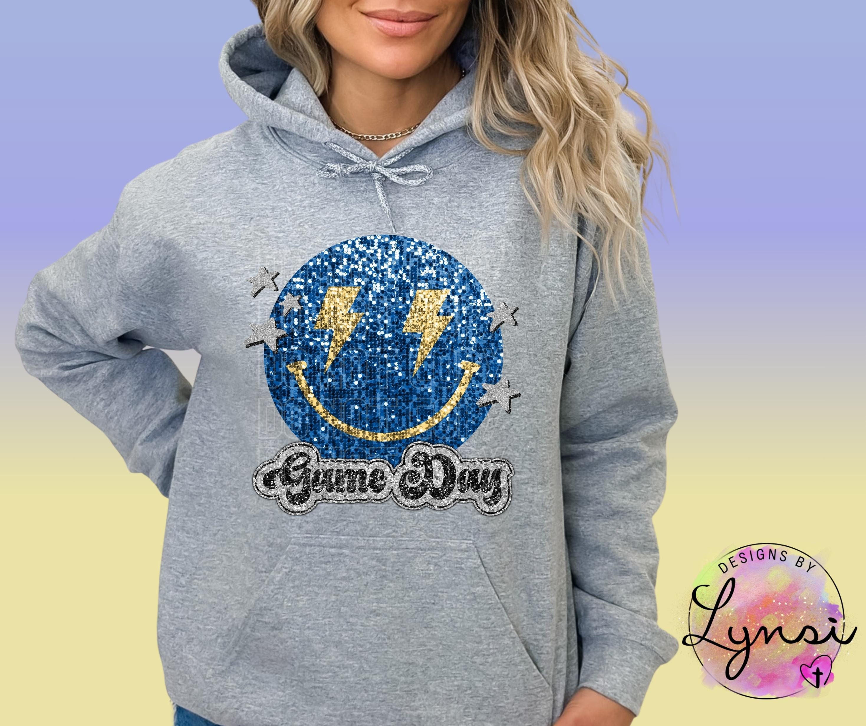 Game Day Sequin Happy Face PNG Digital Design - Blue & Gold Sublimation ...