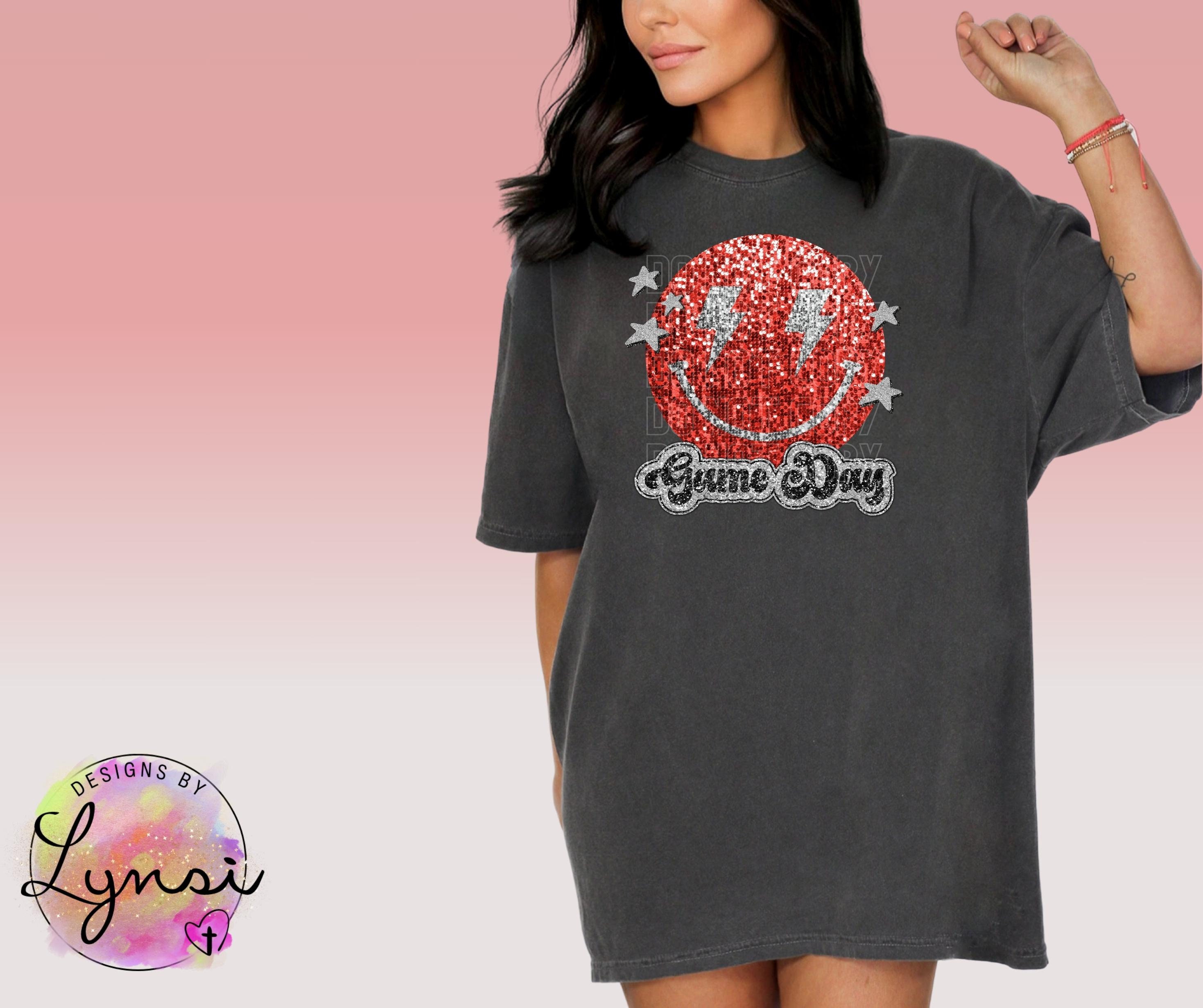 Game Day Sequin Happy Face PNG Digital Design - Red & Silver ...