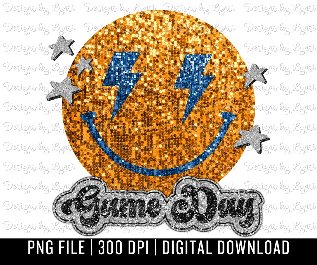 Game Day Sequin Happy Face PNG Digital Design - Orange & Blue ...