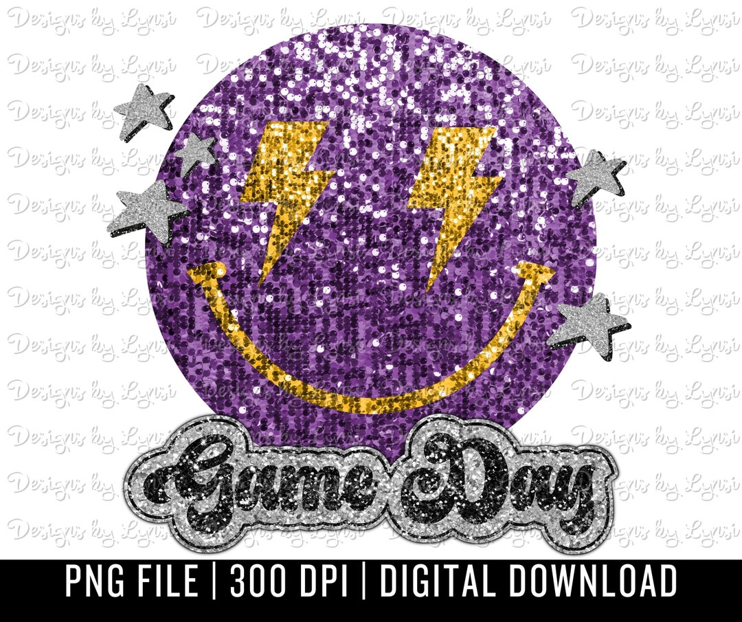 Game Day Sequin Happy Face PNG Digital Design - Purple & Gold ...